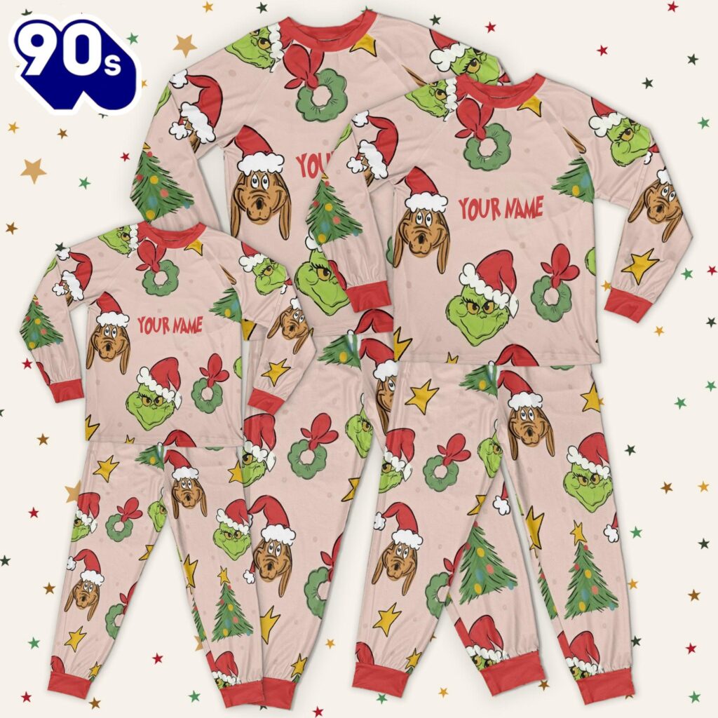 Custom Christmas Grinch Pattern Raglan Pajamas Set - Family Disneyland ...